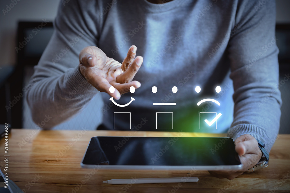 Customer service evaluation concept. Businessman pressing face smile ...