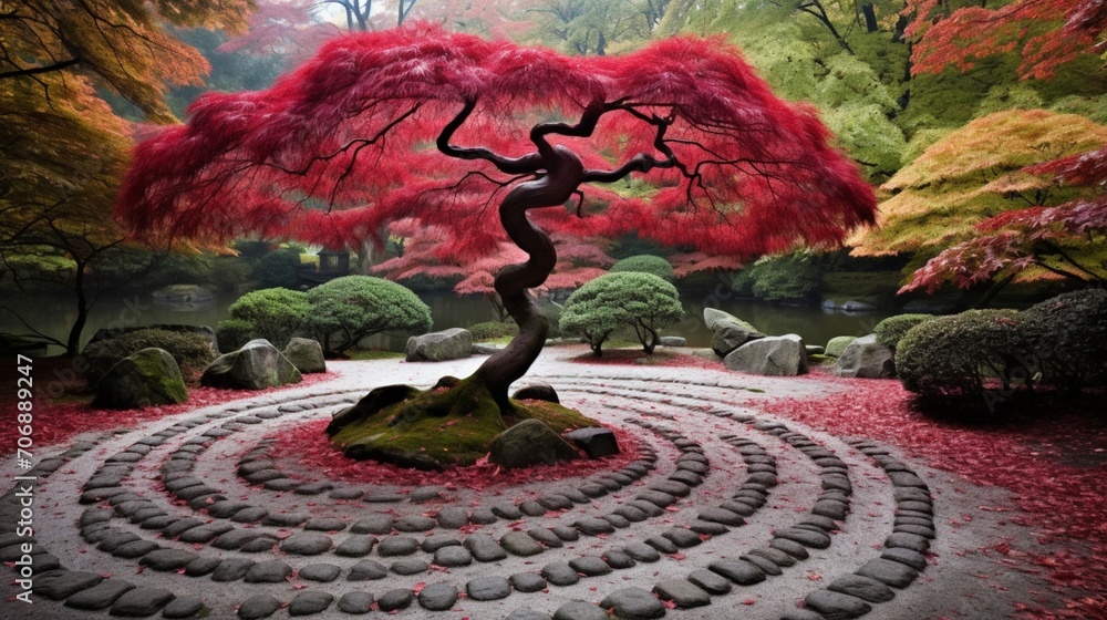 Picture a serene Japanese maple tree in a Zen garden, using your ...