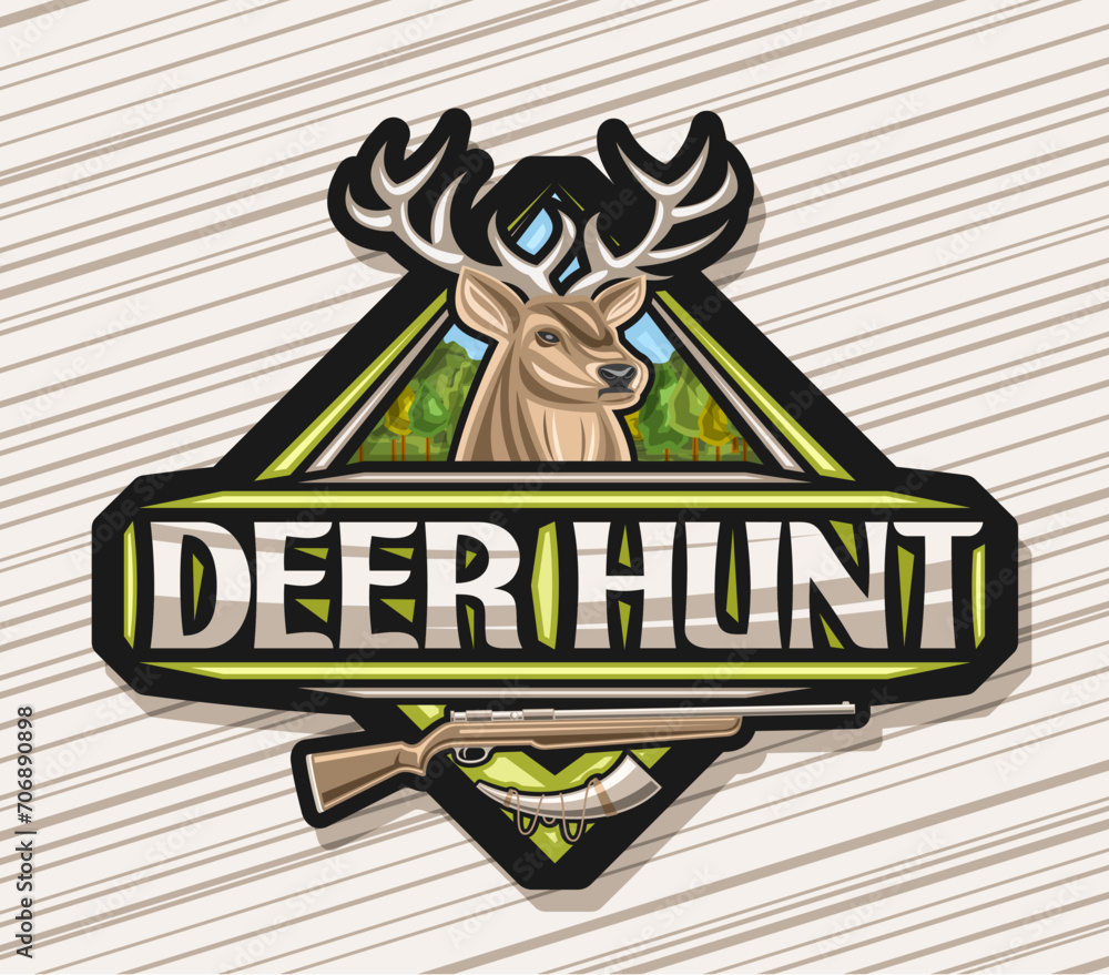 Vector logo for Deer Hunt, black rhomb label with illustration of white ...