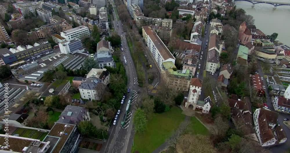 Embrace the charm of Basel with a drone shot featuring the St. Alban ...