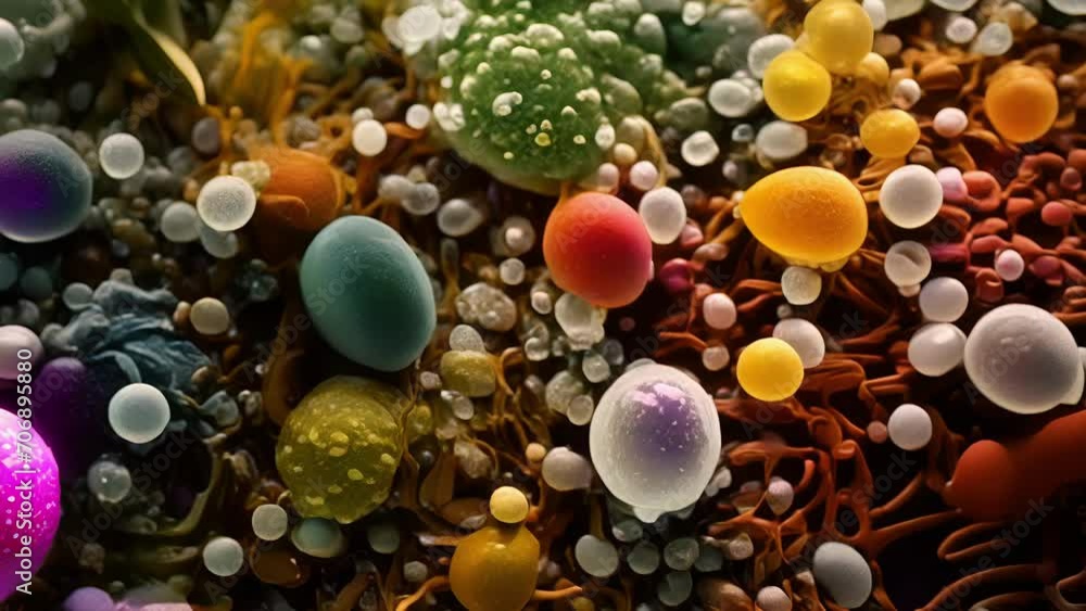 A magnified view of a of microorganisms, such as bacteria, fungi, and ...