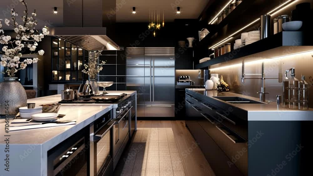 high tech kitchen loop video background animation, cartoon anime style ...