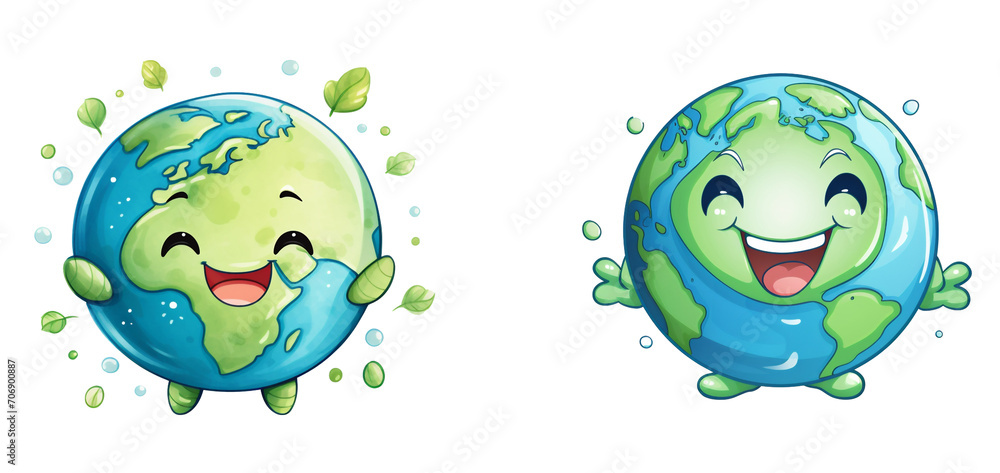groupset of cartoon illustrations of the earth being happy, caring ...