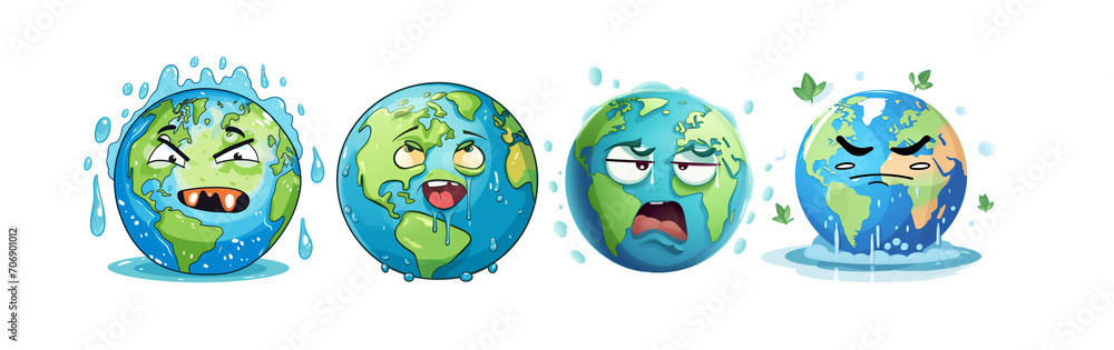 groupset of cartoon illustrations of the earth sweating in the heat ...
