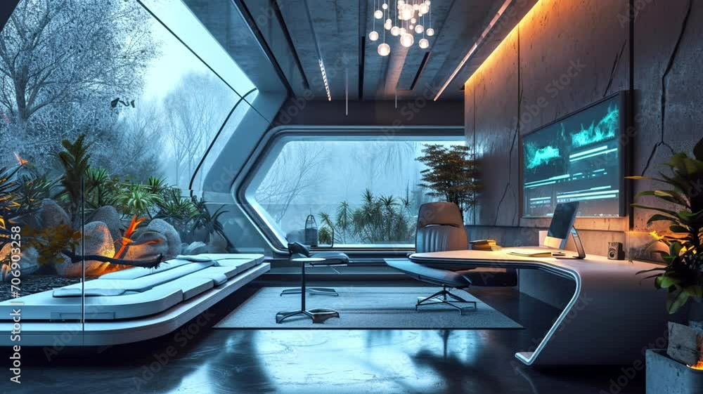 minimalist living room with floor-to-ceiling window, loop video ...