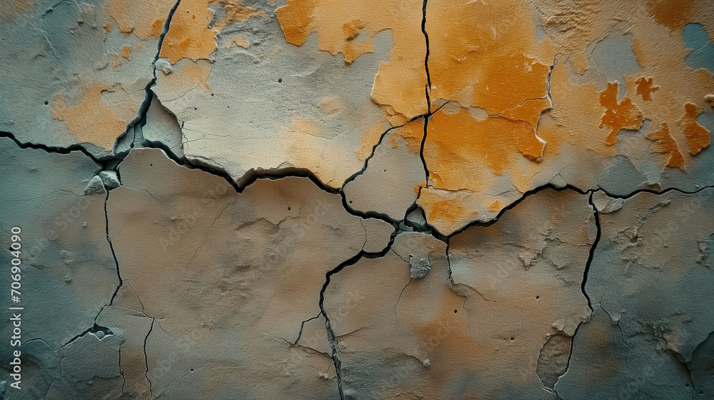 A large crack on the wall of an old house, crumbling plaster and broken ...