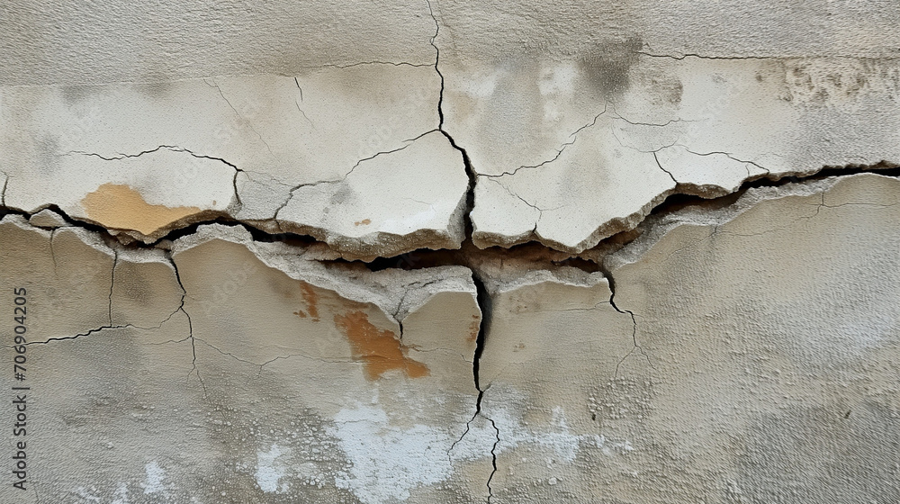 A large crack on the wall of an old house, crumbling plaster and broken ...