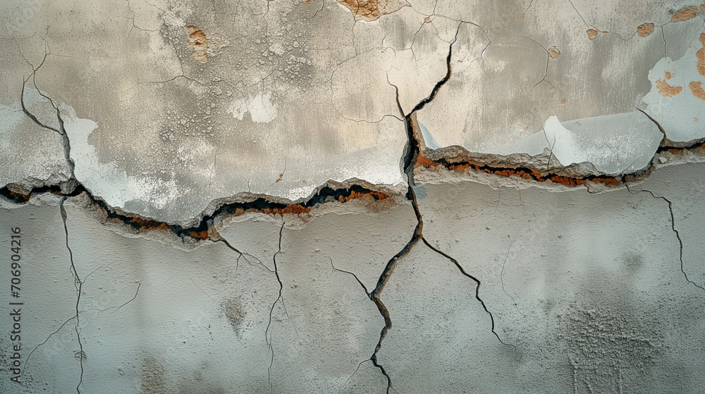 A large crack on the wall of an old house, crumbling plaster and broken ...