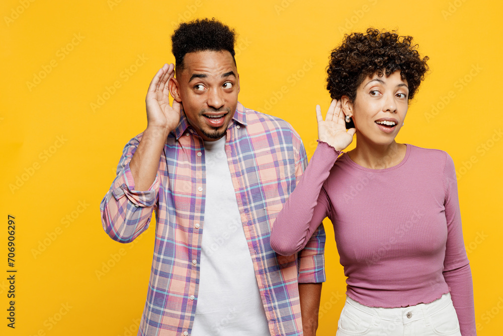 Young curious nosy couple two friend family man woman of African ...
