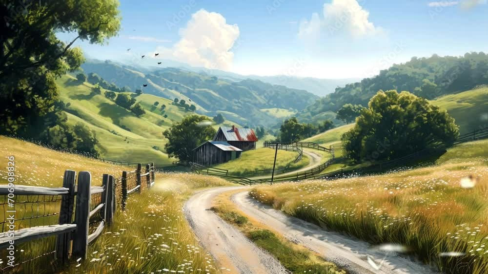 countryside with rolling hills loop video background animation, cartoon ...
