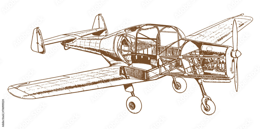 Engraved Airplane. Air Transportation in Vintage Style. Hand Drawn ...