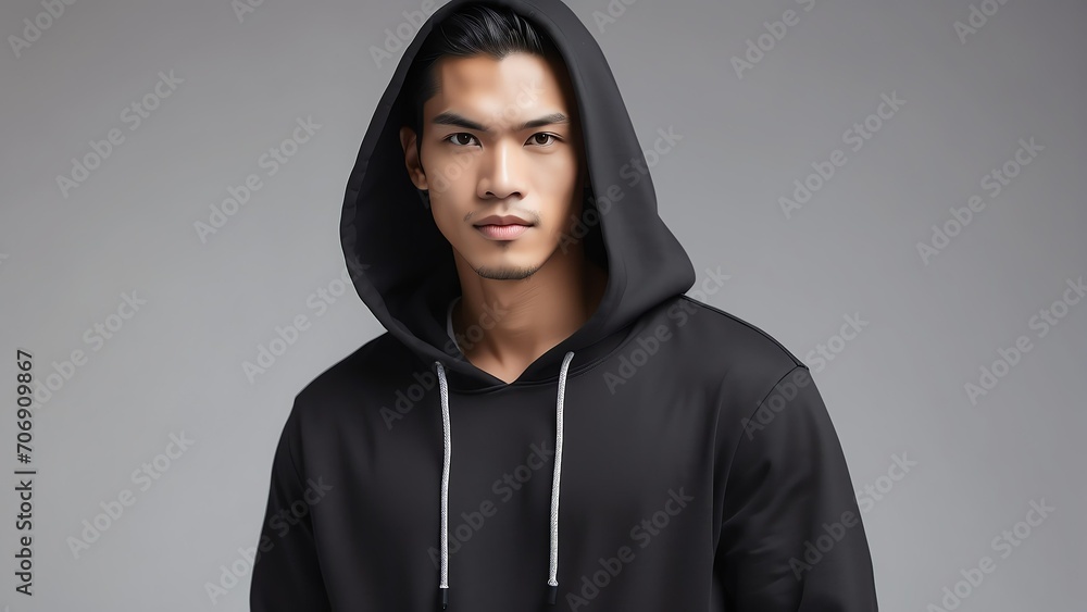 Filipino handsome model wearing black hoodie on a plain white ...