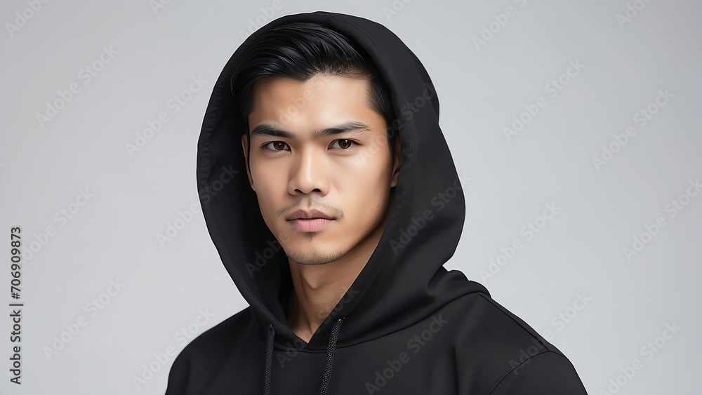 Filipino handsome model wearing black hoodie on a plain white ...