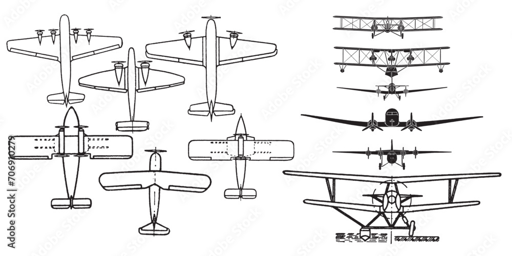 Engraved Airplane. Air Transportation in Vintage Style. Hand Drawn ...