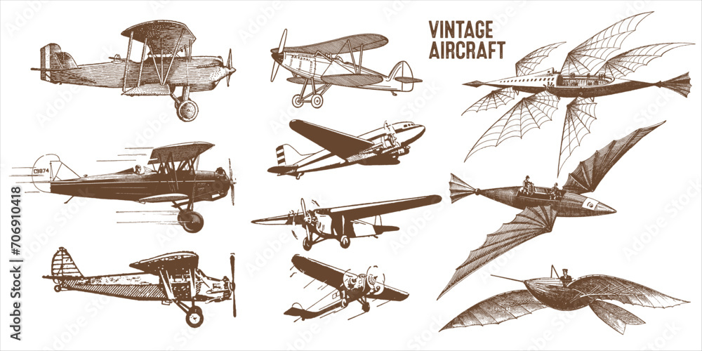 Engraved Airplane. Air Transportation in Vintage Style. Hand Drawn ...