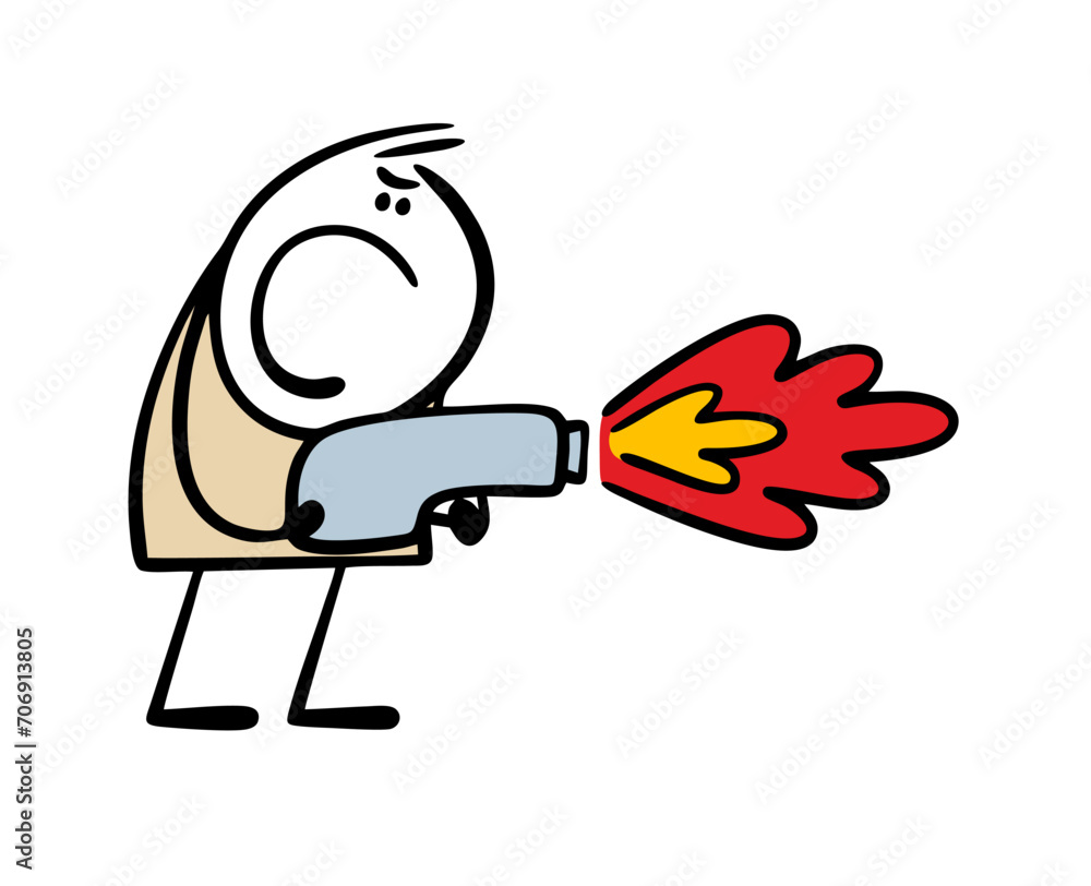 Aggressive stickman screams and shoots fire from a weapon. Vector ...
