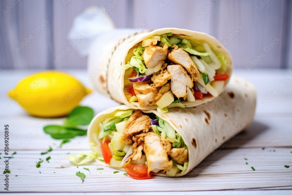 chicken shawarma wrap cut in half, showing the filling Stock Photo ...