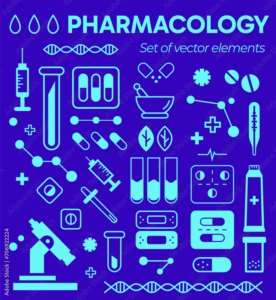 Vector set of elements of pharmaceutical supplies in neon style ...