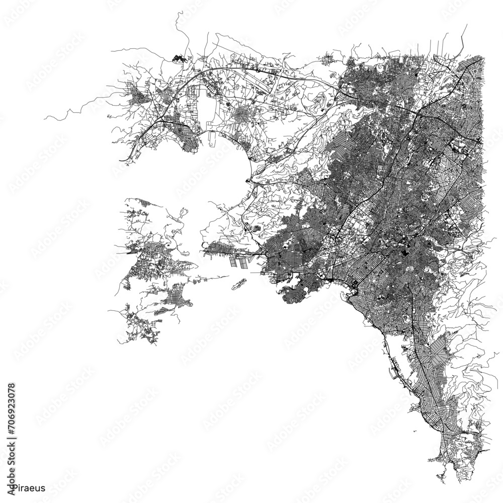 Piraeus city map with roads and streets, Greece. Vector outline ...