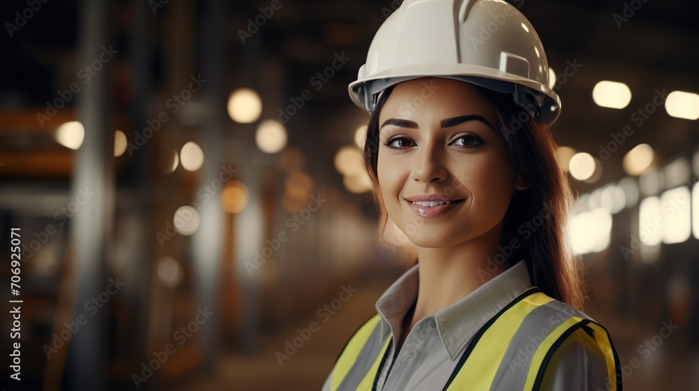 Smiling portrait of beautiful female industrial engineer wearing white ...