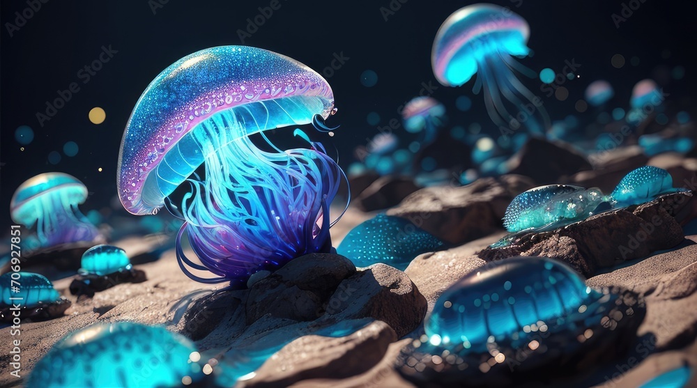 rare jellyfish shining in the sea. the beauty of the ocean. luminous ...