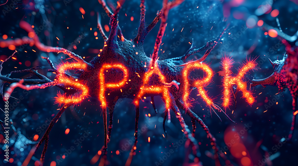 Ideas concept. Spark word in electrifying neon amidst neuron structures Stock Illustration ...