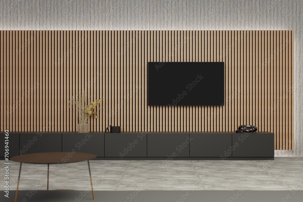 Flat screen TV on acoustic panel covered wall. Clean minimalist ...