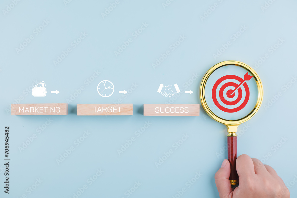 Magnifying glass focus with target objectives with business icons ...