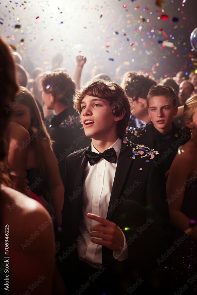 Happy teenager boy wears suit, dances, celebrates school graduation ...