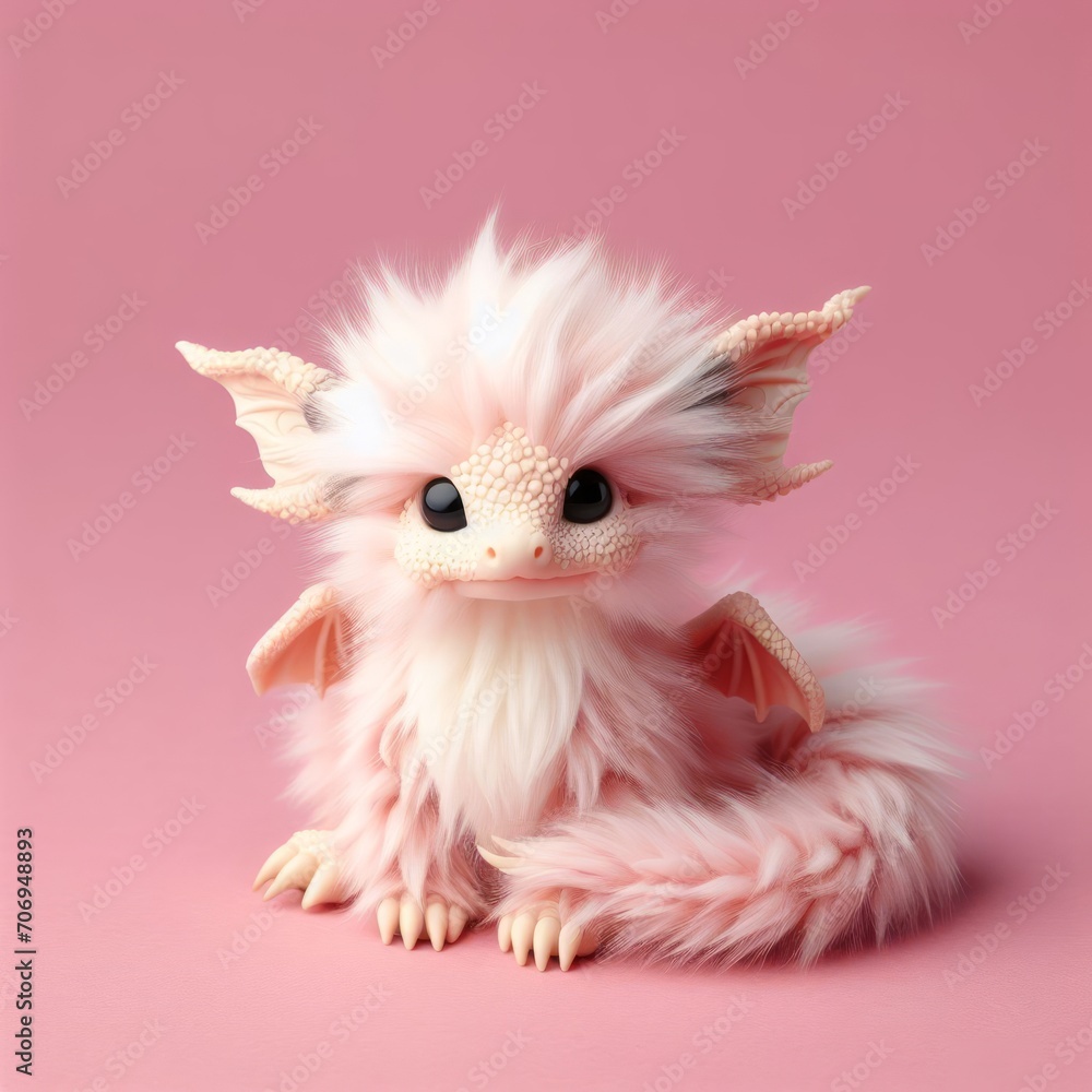 Сute fluffy white baby dragon toy on a pastel pink background. Minimal ...