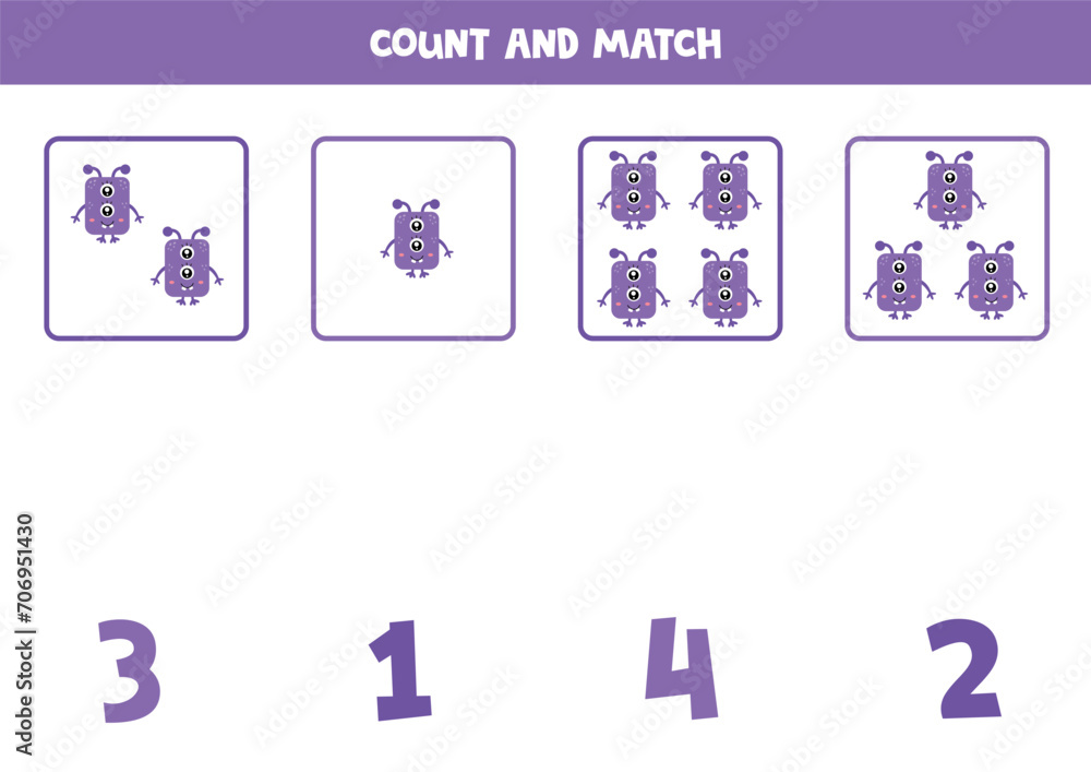Counting game for kids. Count all purple monsters and match with ...