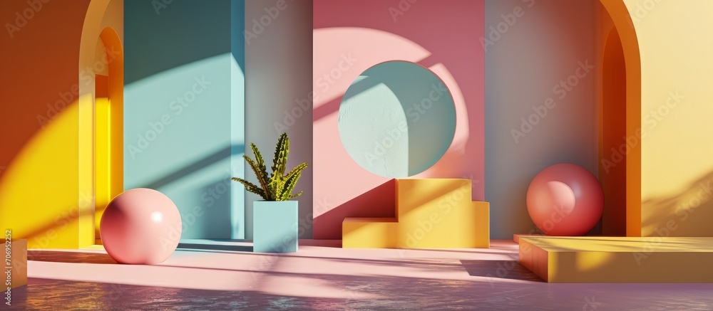 colorful stage backdrop showcase geometry 3d form with light and shade ...