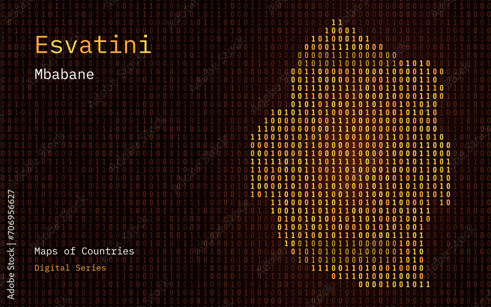 Vetor do Stock: Swaziland, Eswatini Map Shown in Binary Code Pattern. TSMC. Blue Matrix numbers ...