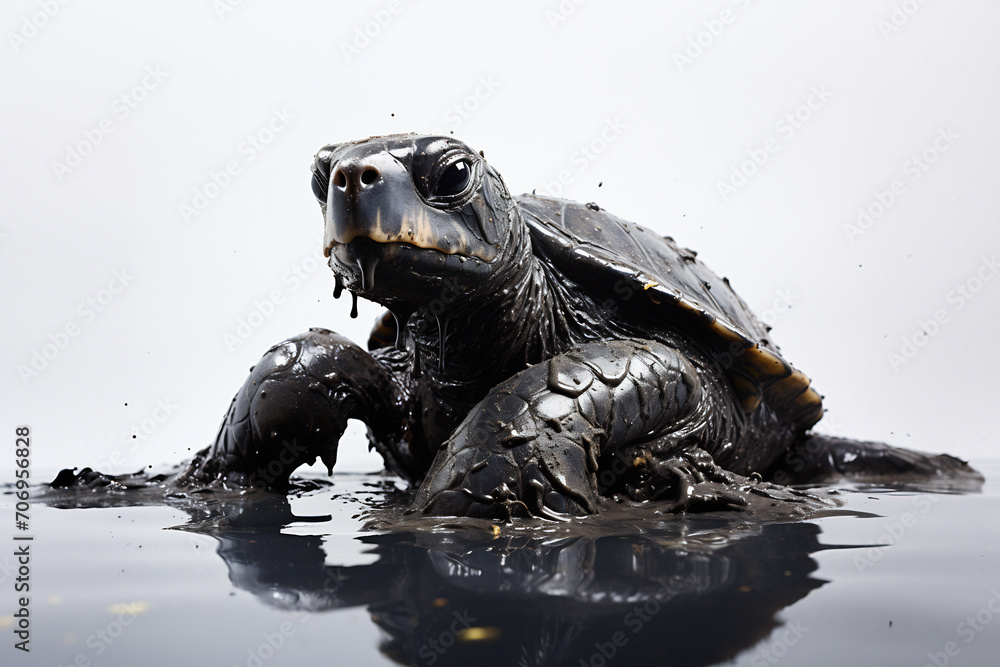 Sea turtle crude oil contamination. Environmental impact concept ...