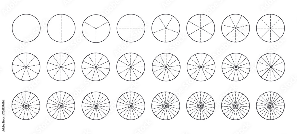 Circles divided into parts from 1 to 24. Outline round chart for ...