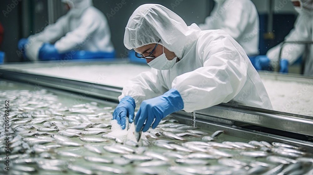 Fish Processing Plant: Man Sorting Fresh Fish on Conveyor Belt Stock ...