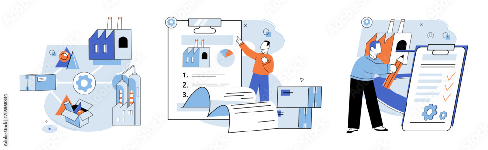 Quality control. Vector illustration. The review manufacturing process ...