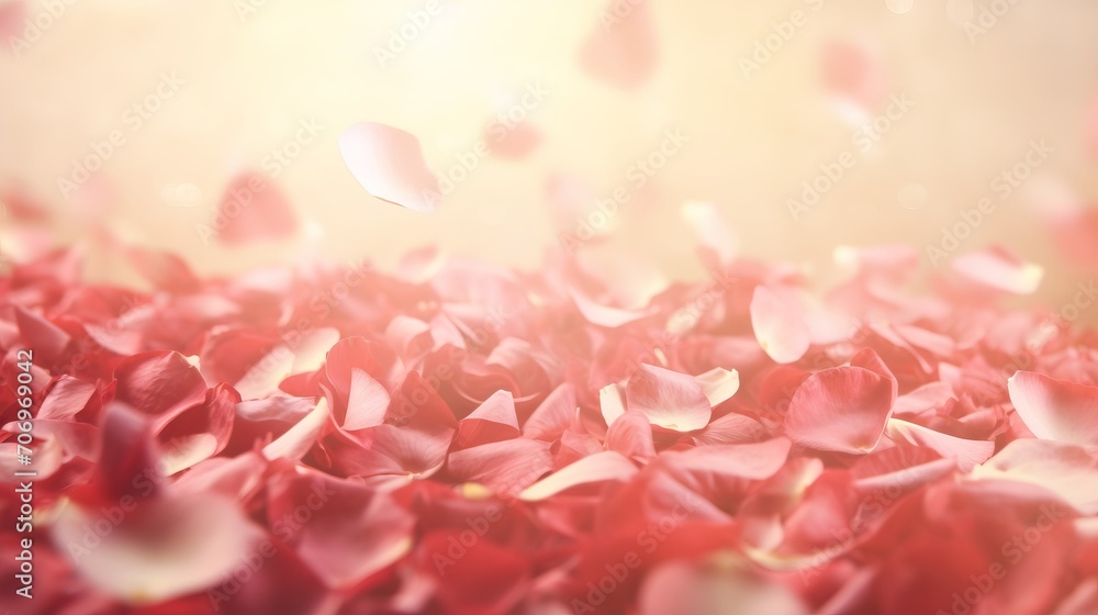 Red rose petals gently falling in soft sunlight, fragile feminine ...