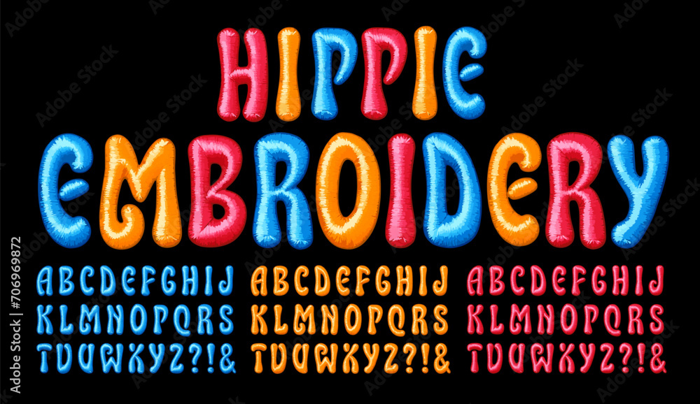 A set of three colorful alphabets in the style of 1960s and 1970s ...