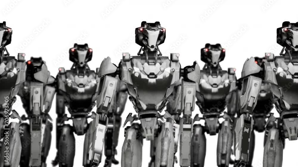 3d rendering of walking robotics army, industrial group of cyborg ...