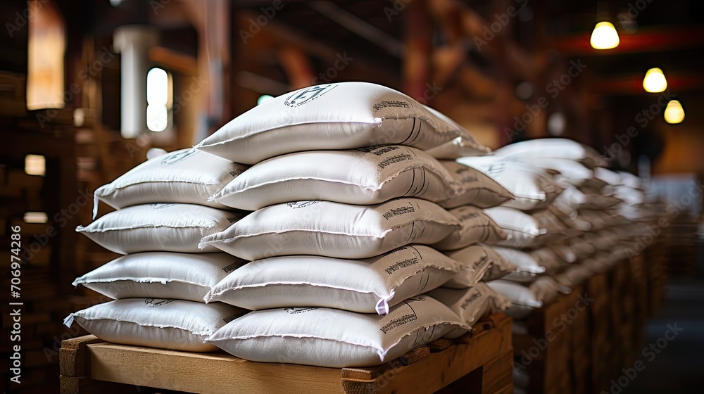 White bag rice or grits storage barn, Close-up of a warehouse with bulk ...