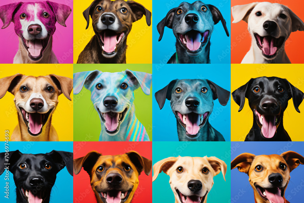 Dogs' headshots in one color, in the style of colorful composition ...
