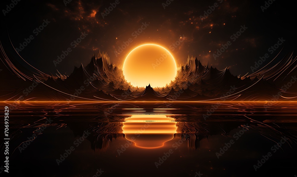 An eclipse in the water, in the style of dark orange and light gold ...