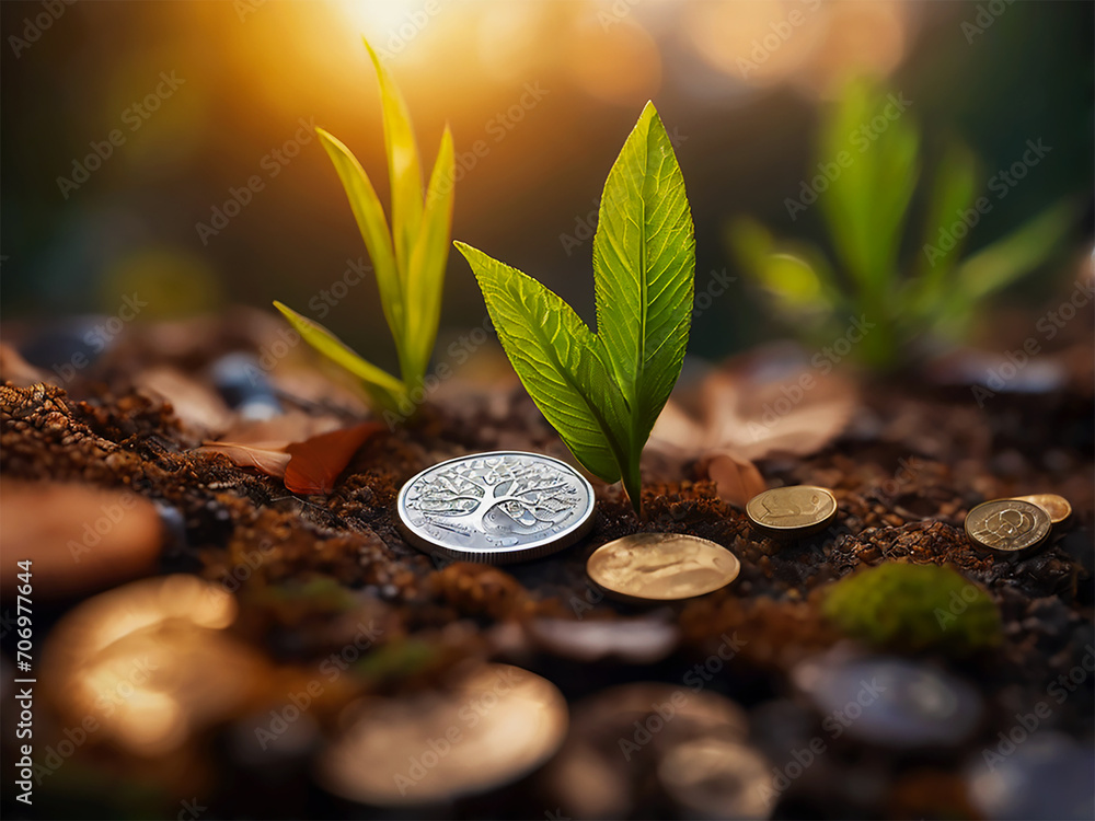 Plant growing out of coins Green plant growing on coins small trees on ...