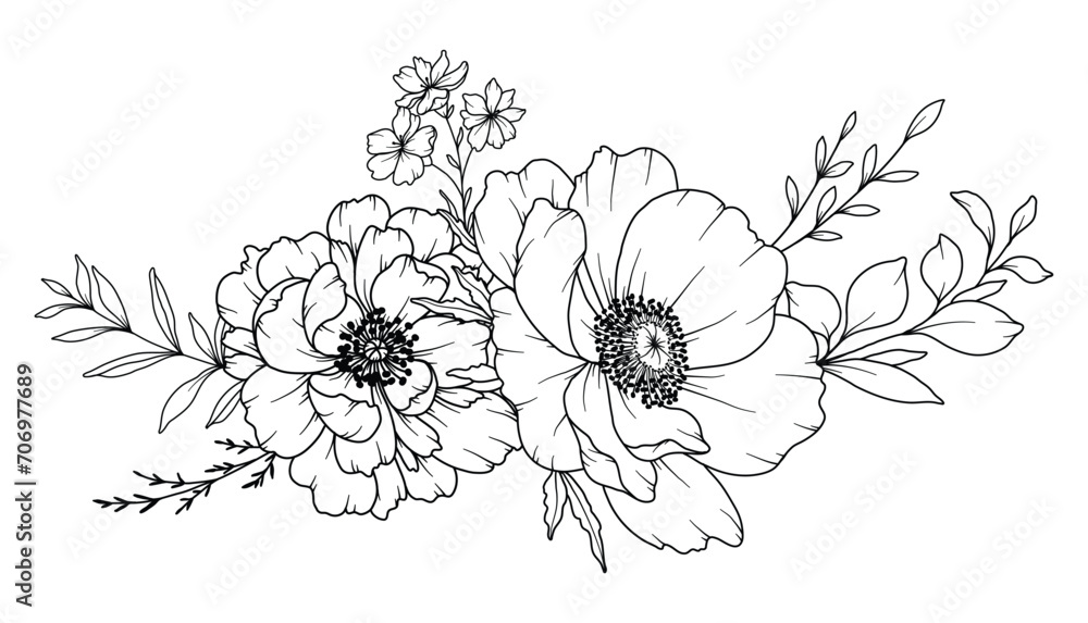 Spring Flowers Line Drawing. Black and white Floral Bouquets. Flower ...