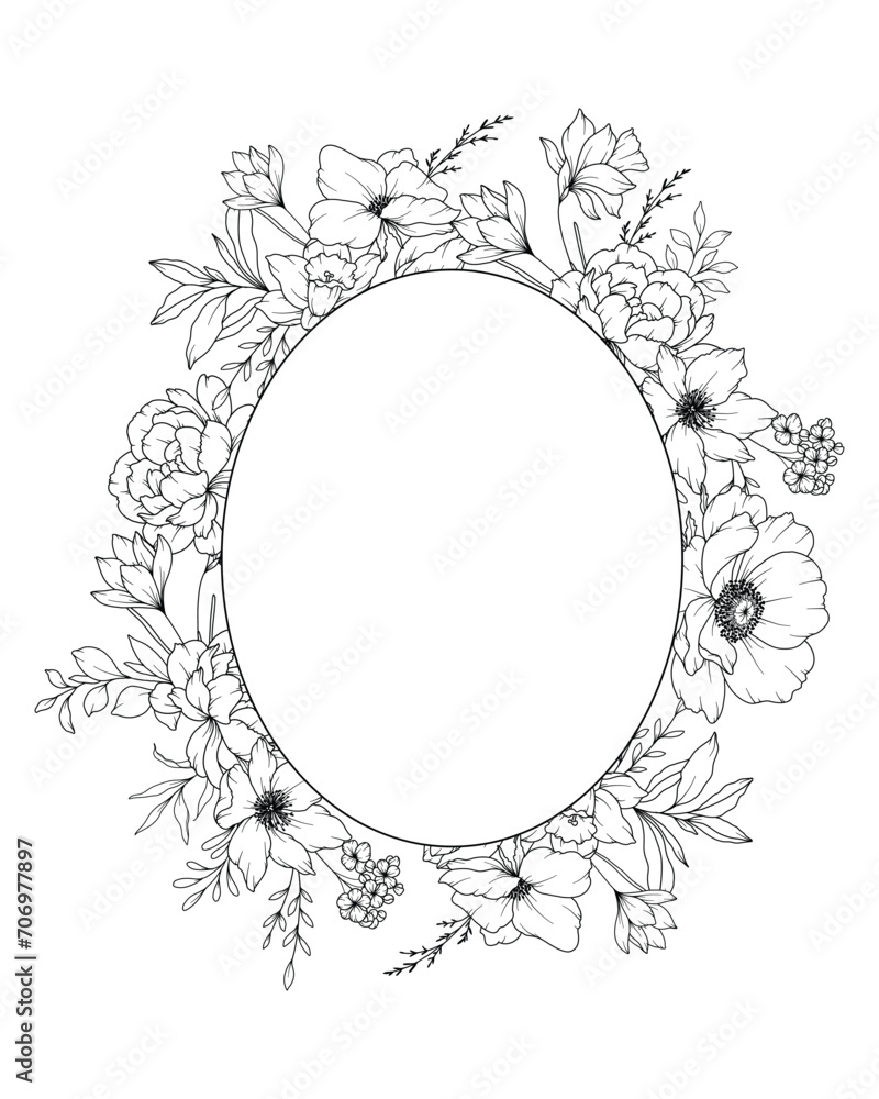 Spring Flowers Line Drawing. Black and white Floral Frames. Floral Line ...