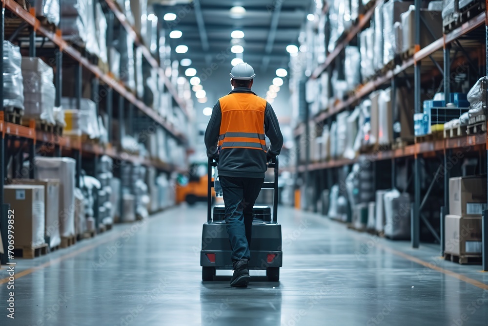 Warehouse worker using hand pallet trucks loading cargo for shipping ...