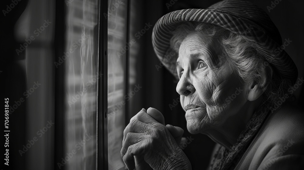 A greyscale portrait of a sad elderly woman, her face a map of wrinkles ...