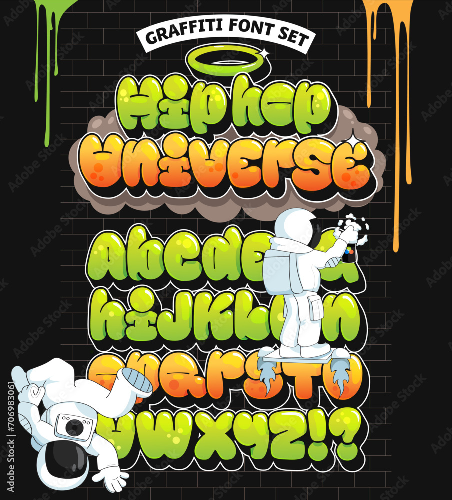 Cartoon bubble letters set. Hip hop universe font in graffiti style ...