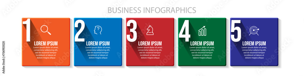 business infographic 5 parts or steps, there are icons, text, numbers ...